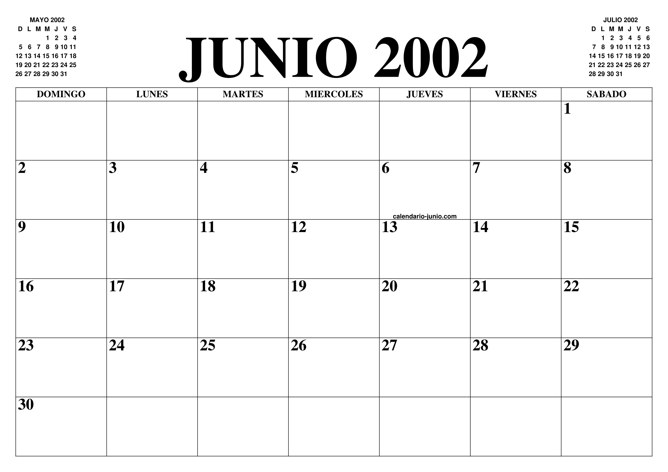 CALENDARIO JUNIO 2002 : EL CALENDARIO JUNIO PARA IMPRIMIR GRATIS - MES Y ANO AGENDA